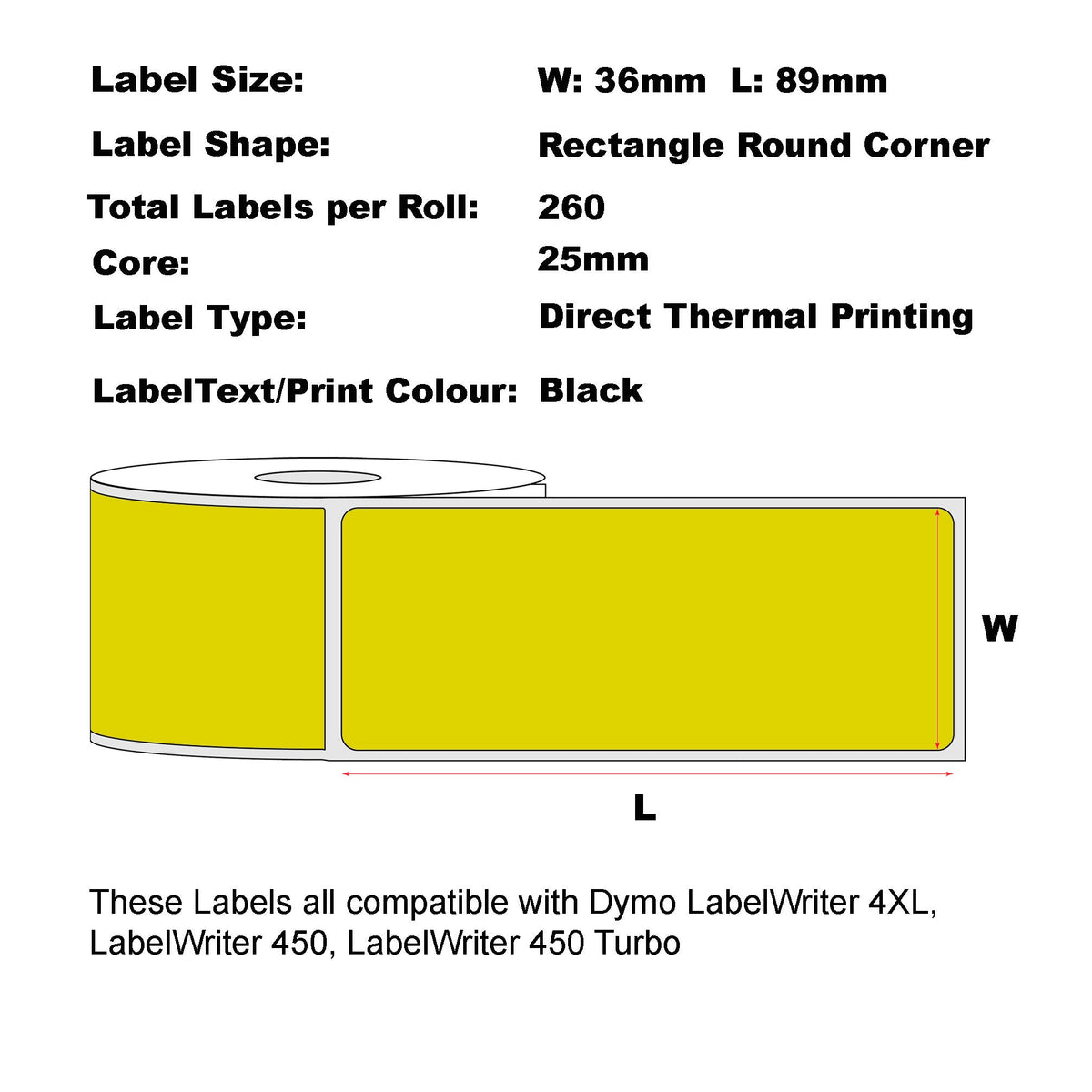 Compatible Dymo 99012 Yellow Labels 36mm x 89mm 260 Labels/Roll Large ...